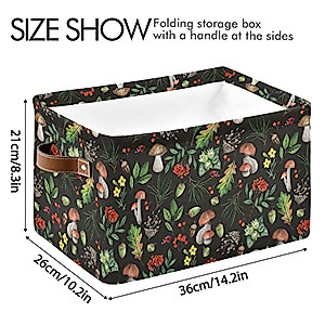 Kigai Collapsible Storage Basket with Handles, Mushroom Leaves Canvas Fabric Storage Bins Toys Clothes Organizer for Bedroom, Nursery, Shelves, Closets (1PACK)