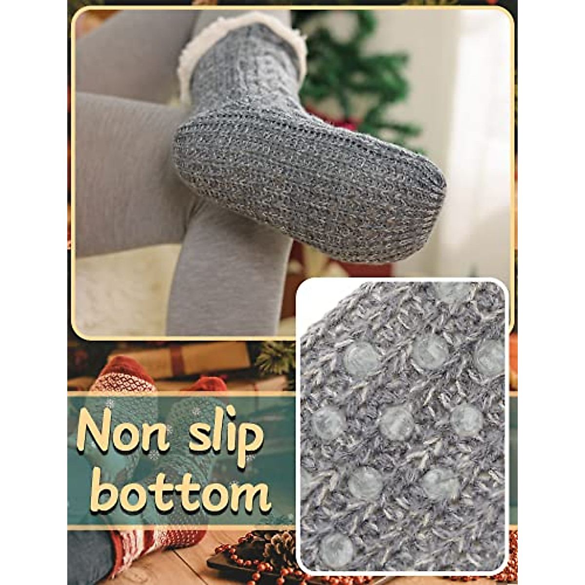 Fuzzy Slipper Socks for Women Fluffy Cozy Cabin Fleece Winter Warm Plush Home Thick Comfy Grips Non Slip Socks Christmas Gift Stocking Stuffer（Knit- Grey Blue）
