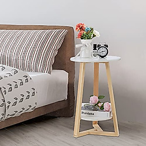 TINSAWOOD Round Side Table, Two-Tier White Side Table for Living Room, Bedroom, Balcony, Office & Small Spaces, Small End Table with Storage Shelf, Easy Assembly