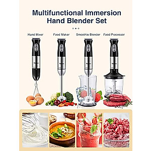 Hand Blender, Handheld Blender Electric, 5-in-1 Multifunctional Immersion Blender, 12 Speed and Turbo Mode, Stainless Steel Blade with Whisk, Chopper/Grinder Bowl and Beaker/Measuring Cup, by Yabano (4 in 1)