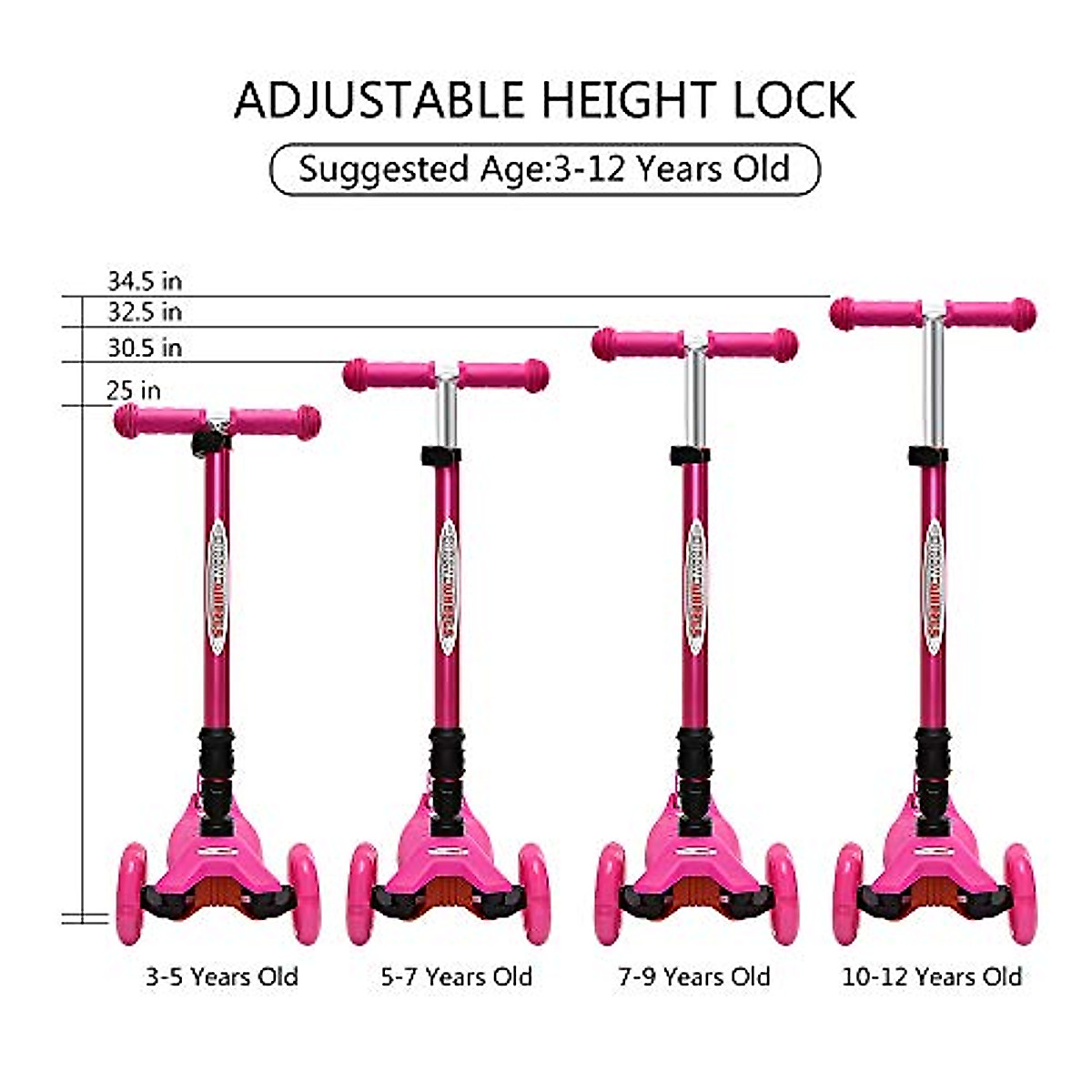 ChromeWheels Scooters for Kids, Deluxe Kick Scooter Foldable 4 Adjustable Height 132lbs Weight Limit 3 Wheel, Lean to Steer LED Light Up Wheels, Best Gifts for Girls Boys Age 3-12 Year Old, Pink