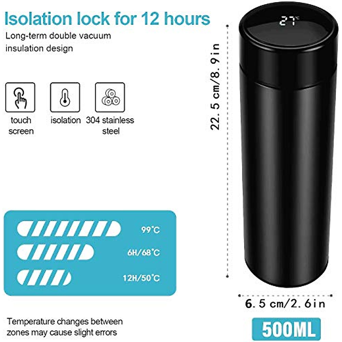 Intelligent Temperature Display Thermos Cup, 304 Stainless Steel Thermos Hot Coffee Cup, Travel Mug with LCD Touch Screen, Total Capacity 500ML (Black)