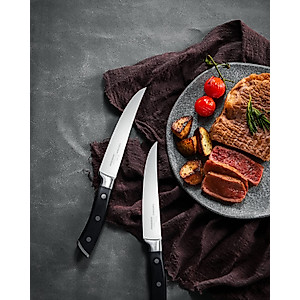 OAKSWARE Steak Knives Set of 8 with Walnut Block, 5 inch Non Serrated Steak Knife Set, 8 Pieces Straight Edge Kitchen Steak Knives - Forged German Steel - Full Tang Handle