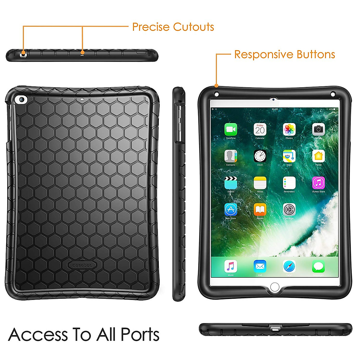 Fintie Case for iPad 6th / 5th Generation (2018/2017), iPad Air 2 / Air 1 (9.7 Inch) - [Honey Comb Series] Lightweight Anti-Slip Kids Friendly Shockproof Silicone Cover, Black