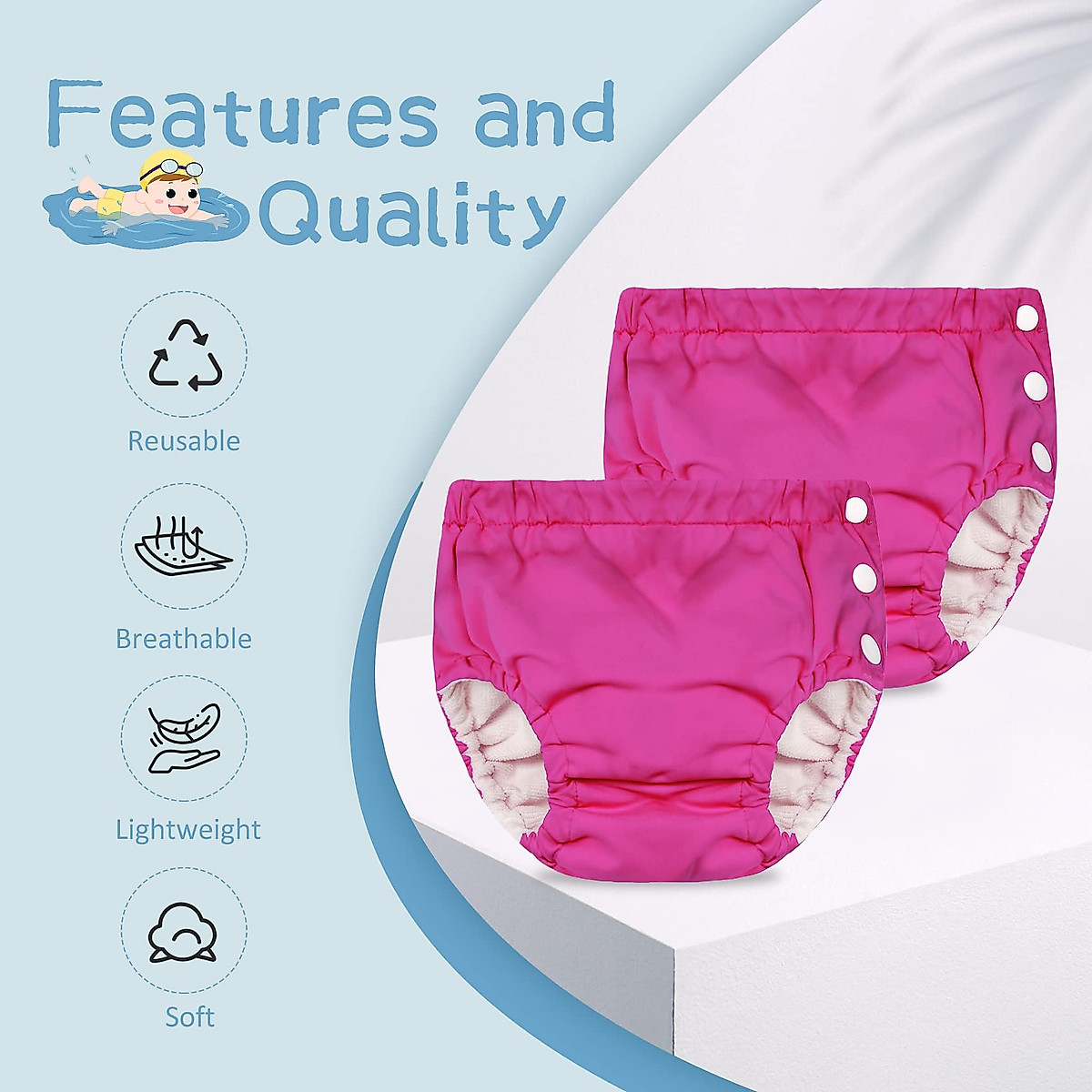Durio Reusable Diapers Baby Washable Baby Swim Diapers Infant Swim Diaper Waterproof Baby Beach Essentials White Rose 3-6 Month