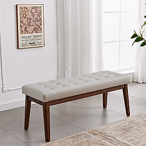 Befurtori Wood Upholstered Bench, Bedroom Bench End of Bed, Dining Bench with Solid Wood Legs and Button-Tufted, Velvet Ottoman Bench for Living Room, Entryway (Taupe)