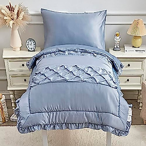 Toddler Bedding Set for Girls 4 Piece Pinch Pleated Grey Ruffle Fringe Pintuck Toddler Bed Comforter Set for Kids Bed-in-a-Bag Quilt Crib Sheet Set with Comforter,Flat Sheet,Fitted Sheet,Pillowcase