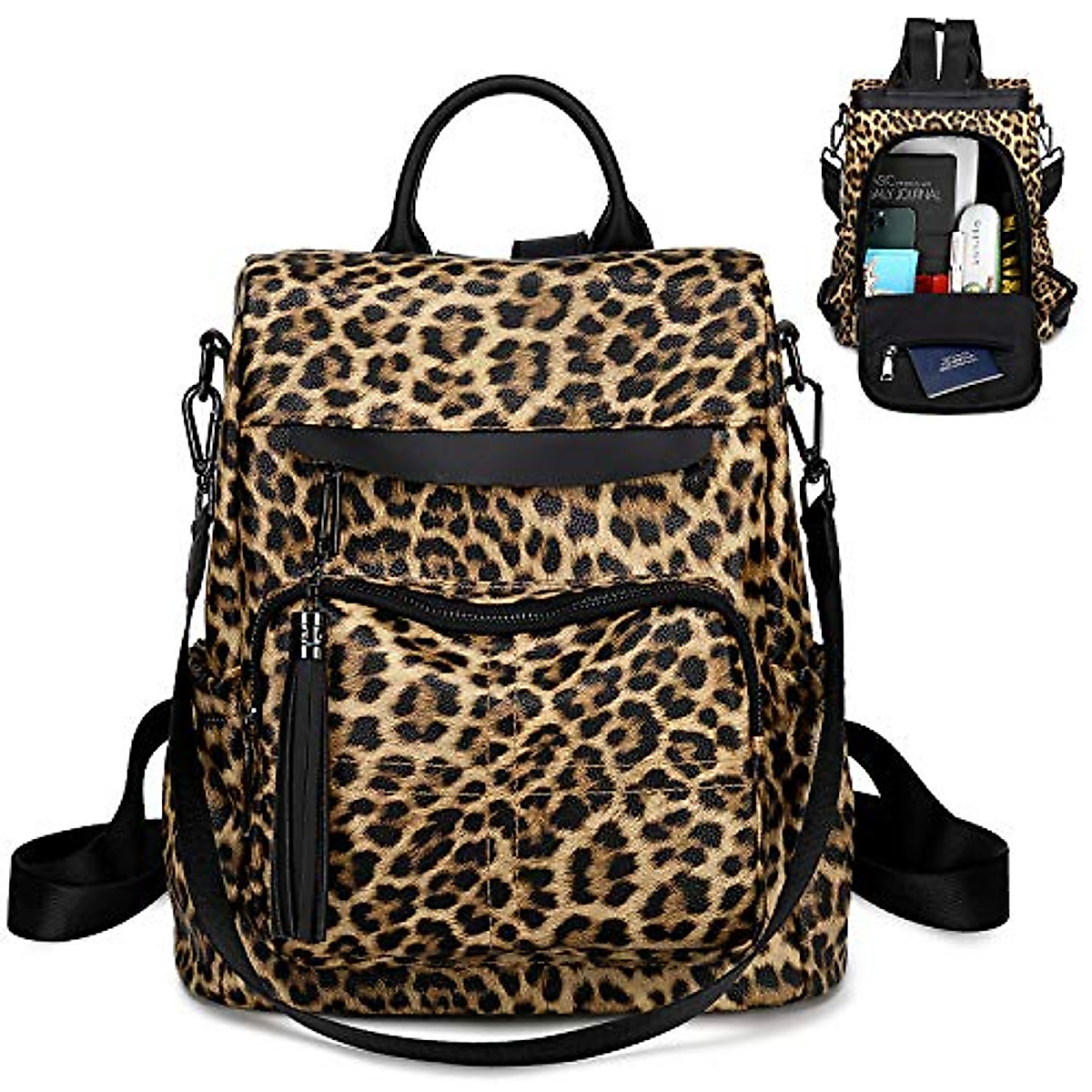 Womens Backpack Purse Set Casual Fashion Backpack Wallet Shoulder Bag Travel Daypack (Leopard with wallet)