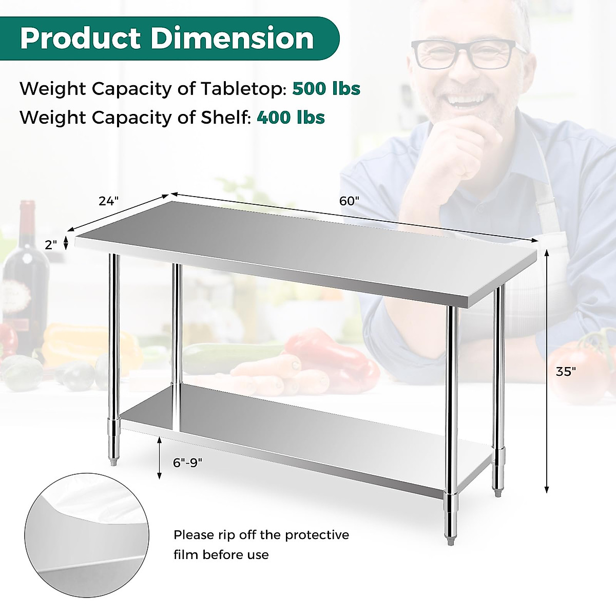 Toolsempire Stainless Steel Table, 60" x 24" Prep Table with Adjustable Under Shelf & 4 Galvanized Table Feet, Heavy Duty Steel Table Kitchen Table for Restaurant, Home & Hotel