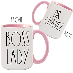 BOSS LADY Farmhouse skinny style inspired Font PINK! 15oz Ceramic Mug | Your Custom Text on the back side!