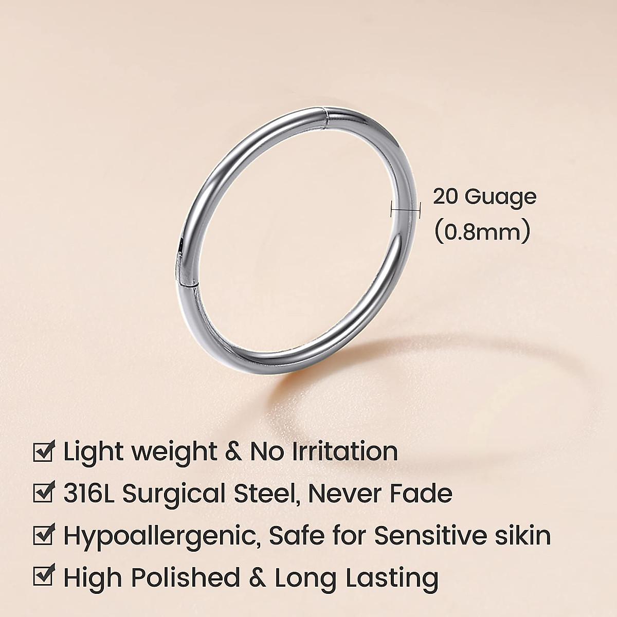 KeyStyle Surgical Steel Sleeper Tiny Hoop Earrings, Womens Nose Ring Septum Ring Helix Ring Daith Ring Lip Ring, 9mm
