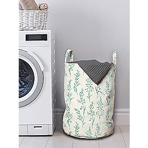 Ambesonne Floral Laundry Bag, Floral Pattern Moderate Essential Botanical Herbs Flower Plants Fresh Twigs Theme, Hamper Basket with Handles Drawstring Closure for Laundromats, 13" x 19", Green Cream