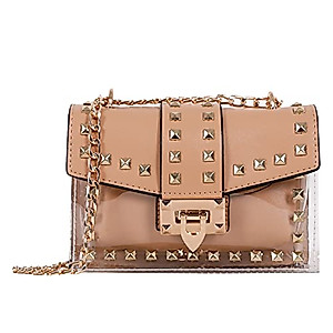 Qiayime Womens Fashion Clear Purses and Handbags Shoulder Bag Ladies Rivet PVC Transparent Jelly Purse Satchel Tote Bag (Clear brown)
