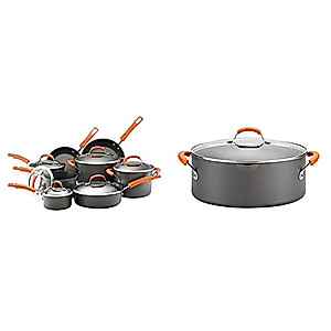 Rachael Ray Brights Hard-Anodized Nonstick Cookware Set, 14-Piece Pot and Pan Set, Gray with Orange Handles & Ray Brights Hard Anodized Nonstick Pasta Pot/Stockpot/Stock Pot - 8 Quart, Gray
