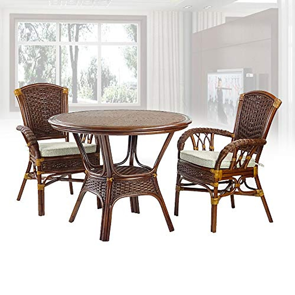 Alexa Round Dining Table Dark Walnut Color Natural Rattan Wicker Handmade Design