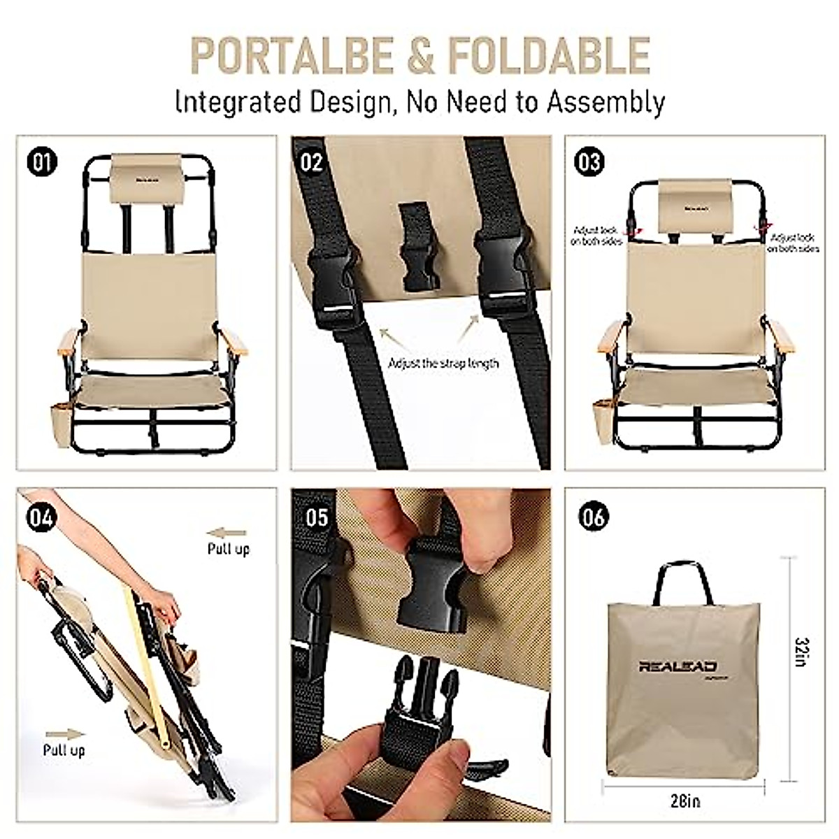 REALEAD Reclining Beach Chairs for Adults - Extendable High Back Low Profile Beach Chair with Headrest, Cooler Pouch, Cup Holder, 4-Position Lay Flat Folding Beach Chairs Heavy Duty Support 330LBS