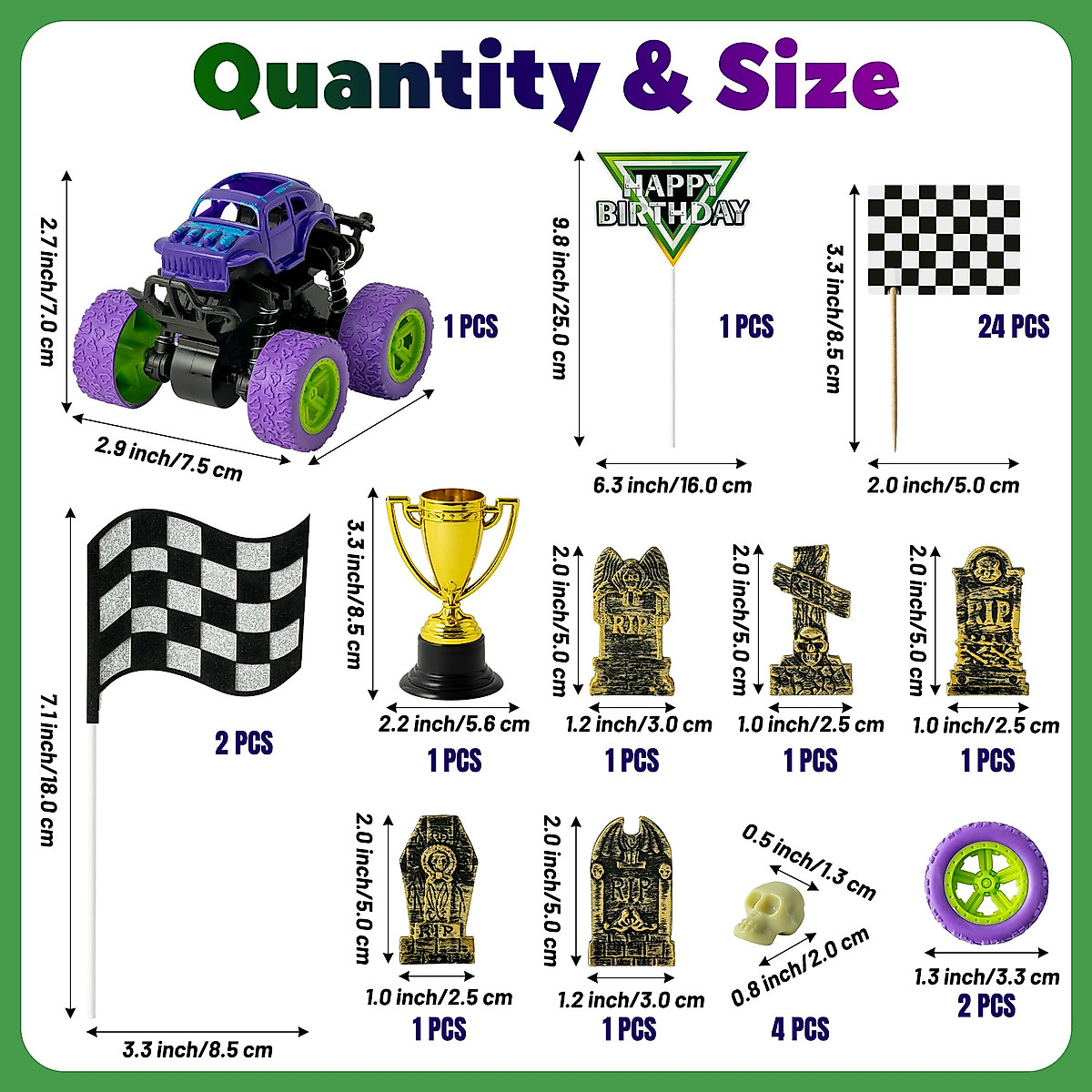Haooryx Green and Purple Monster Truck Cake Toppers 40Pcs Monster Truck Racing Car Cake Decoration Birthday Dessert Cupcake Cake Topper Decor for Kids Theme Birthday Party Baby Shower Decor Supplies