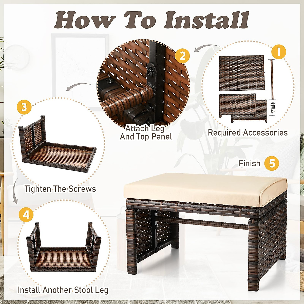 2 Pcs Patio Rattan Ottomans Outdoor Wicker Ottomans Patio Footstool Footrest with Removable Cushion Soft Zippered Cushions Function Footstool Seat Table for Backyard Balcony Poolside(Beige, Brown)