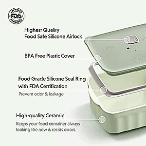 BUYDEEM Ceramic Food Storage Container with Airtight Lid, 28 oz Bento Lunch with Airlock Lid, Stackable Bento Box Microwaveable, Reusable and Dishwasher Safe, for Office Work and Travel, Cozy Greenish