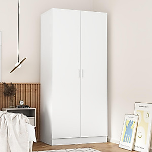 ECACAD Wardrobe Armoire with 5 Shelves, Hanging Rod & 2 Doors, Wooden Closet Storage Cabinet for Bedroom, White (31.5”W x 19.1”D x 70.9”H)
