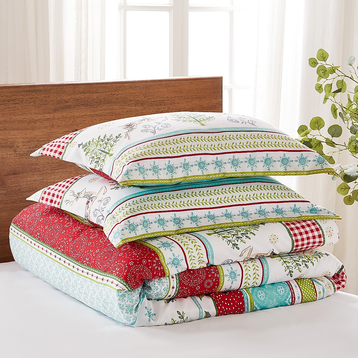 Levtex Home Merry & Bright Collection - Comet and Cupid Duvet Set - King Duvet Cover (106 x 94in.) + Two King Sham (36 x 20in.) - Holiday Deer and Christmas Trees - Red Green White Teal