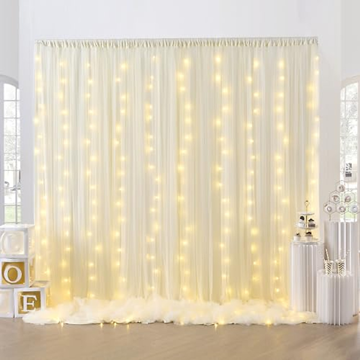 5ft x 10ft Dual Layer Ivory Tulle Backdrop Curtain Panels with Light, 1 Panel 5 x 10 ft Photo Background Drapes for Wedding Baby Shower Party Engagement Bridal Shower Photography