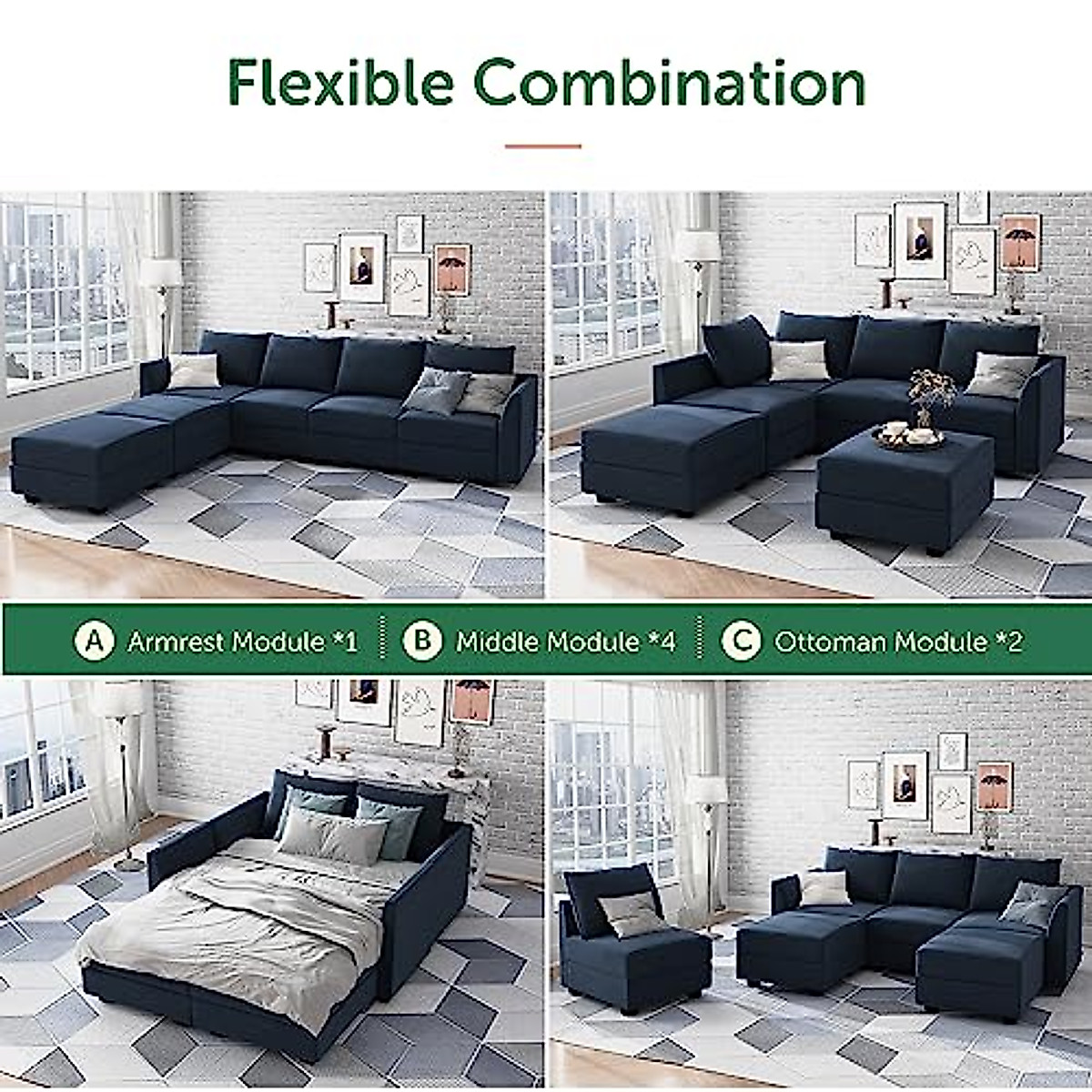 HONBAY Modular Sectional Sofa Convertible U Shaped Couch with Reversible Chaise Velvet Modular Sofa Sectional Couch with Storage Ottoman, Dark Blue