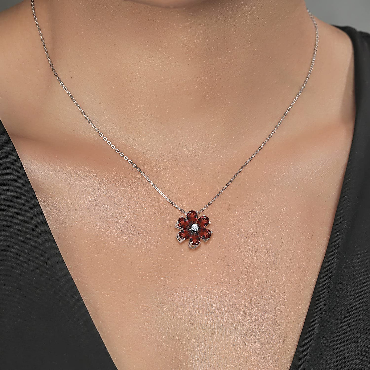 Gem Stone King 925 Silver and 10K Yellow Gold Red Garnet and White Moissanite Pear Shape Flower Pendant Necklace For Women (3.01 Cttw, with 18 Inch Chain)