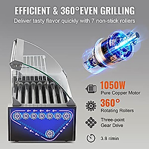 VEVOR Hot Dog Roller 7 Rollers 18 Hot Dogs Capacity 1050W Stainless Sausage Grill Cooker Machine with Dual Temp Control Glass Hood Acrylic Cover Bun Warmer Shelf Removable Oil Drip Tray, ETL Certified