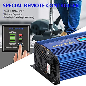 Pure Sine Wave 2000Watt Car Power Inverter ETL UL458 DC 12V to 120V AC with Remote Control and LCD Display 1 AC Terminal Block 2 AC Outlets 2x2.4A USB Ports for RV Truck Boat by VOLTWORKS (12VBlue)