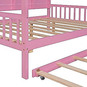 BIADNBZ Full Size House Platform Bed with Trundle and Storage Shelves, Wooden Daybed with Roof, Sofabed Frame for Kids/Teens Bedroom, Pink