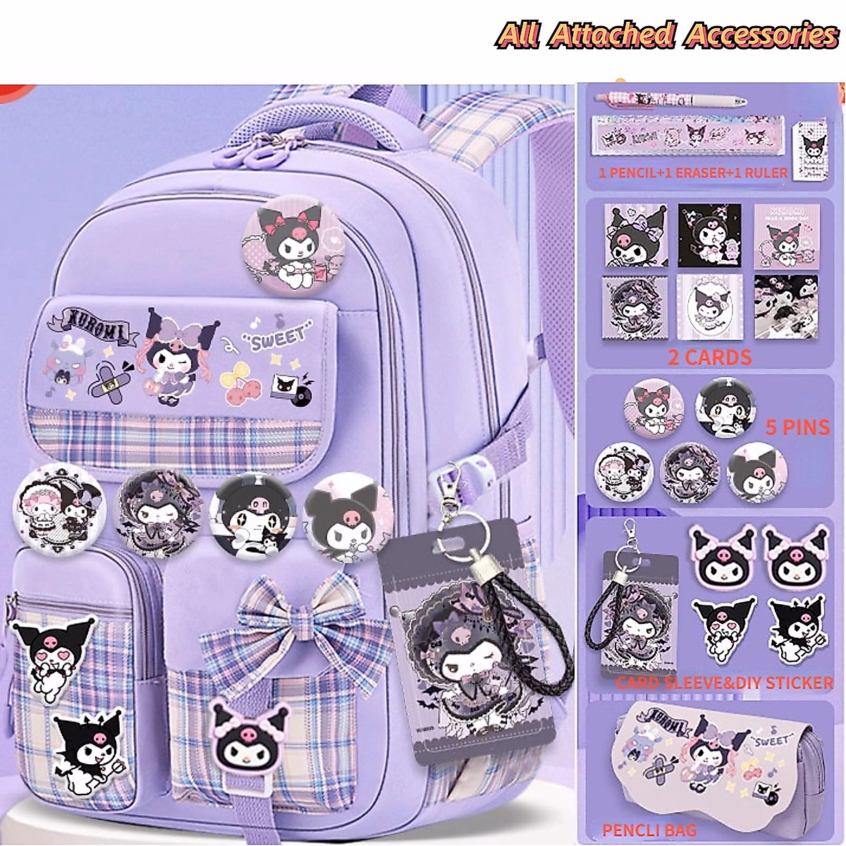 Kawaii Backpack with 18Pcs Accessories Anime Cartoon Anti-Theft Travel Aesthetic New Semester Gifts Bag with Cute Pin