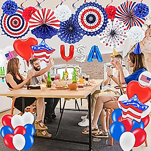 52 Pieces 4th of July Decorations Set - Red White Blue American Flag Hanging Honeycomb Paper Fans, Pom Poms, Swirls, Latex Balloons, Foil Letter / Heart / Stars Balloons, Star Streamer Party Supplies