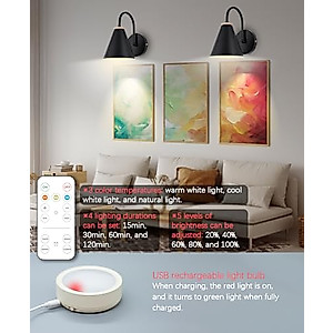 Battery Operated Black Industrial Wall Sconce Set of 2, Easy to Install Not Wires, USB Rechargeable Battery with Remote Control Led Light, Dimmable Wall Lamp Fixtures for Bedroom Farmhouse Gallery RV