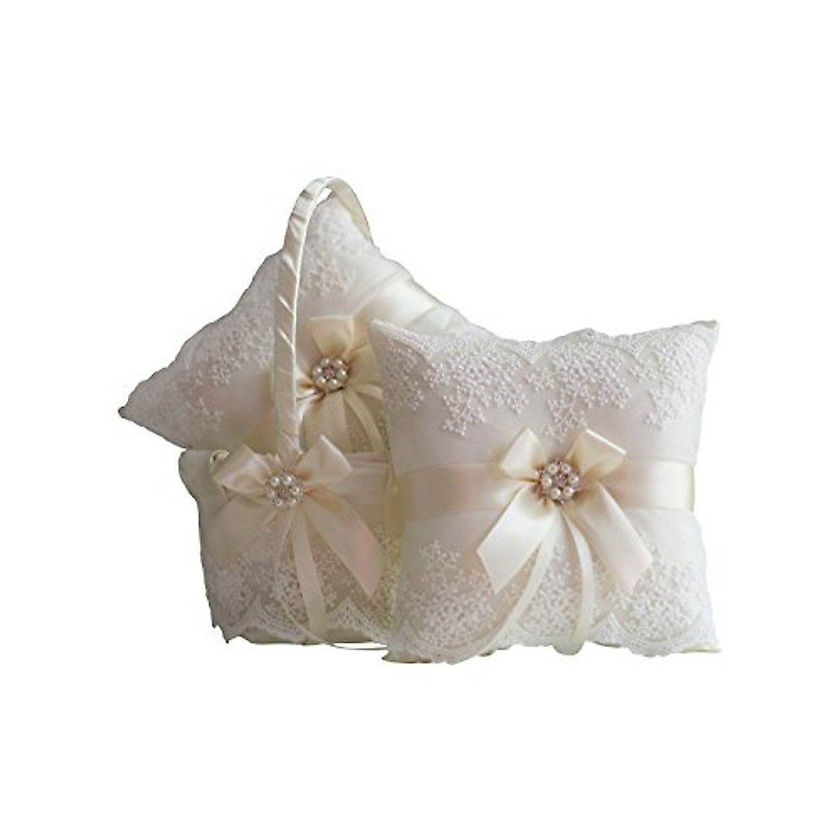 Alex Emotions Ivory Flower Girl Basket and Ring Bearer Pillow Set - Ivory Wedding Basket Pillow Set, Lace Ring Pillow, Lace Ring Holder, Lace Ring Pillow