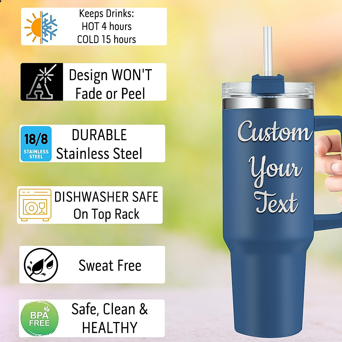 Personalized 40oz Tumbler with Handle and Straw Custom Insulated Cups with Engraved Name Birth Month Flowers Stainless Steel Travel Coffee Mug Customized Gifts for Women Men