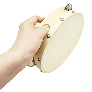 Tosnail Pack of 2 Pieces 7" Wooden Tambourine Hand Held Drum Bell, Single Row 5 Pairs Metal Jingles Percussion Musical Gift Educational Instrument for Kids and Adults