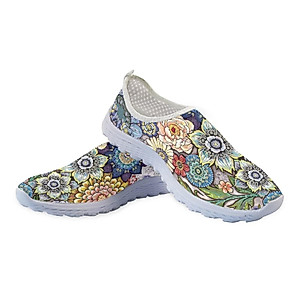 DISNIMO Boho Floral Women's Slip on Walking Tennis Shoes Size 8 Mesh Breathable Running Jogging Workout Sneakers Womens Lightweight Trainers Loafers Athletic Footwear Gym Sport Shoes