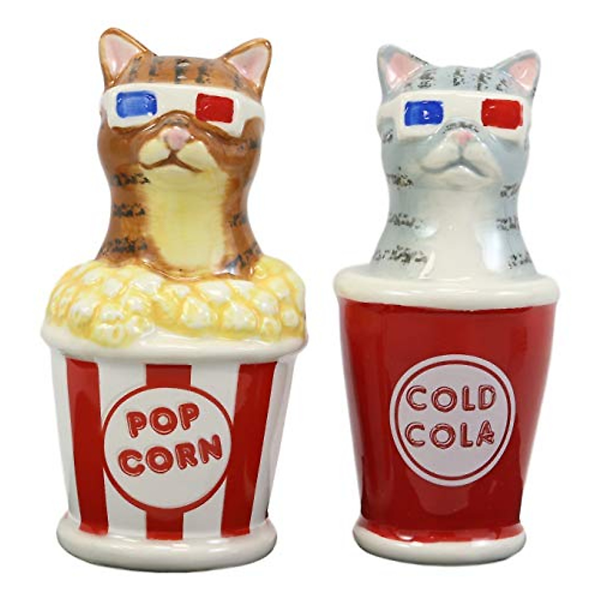 Ebros Funky Cats With Cinema 3D Glasses Sitting In Soda Pop Cup And Popcorn Tub At The Movies Salt And Pepper Shakers Set Ceramic Figurines Party Kitchen Tabletop Cat Decor Collectible