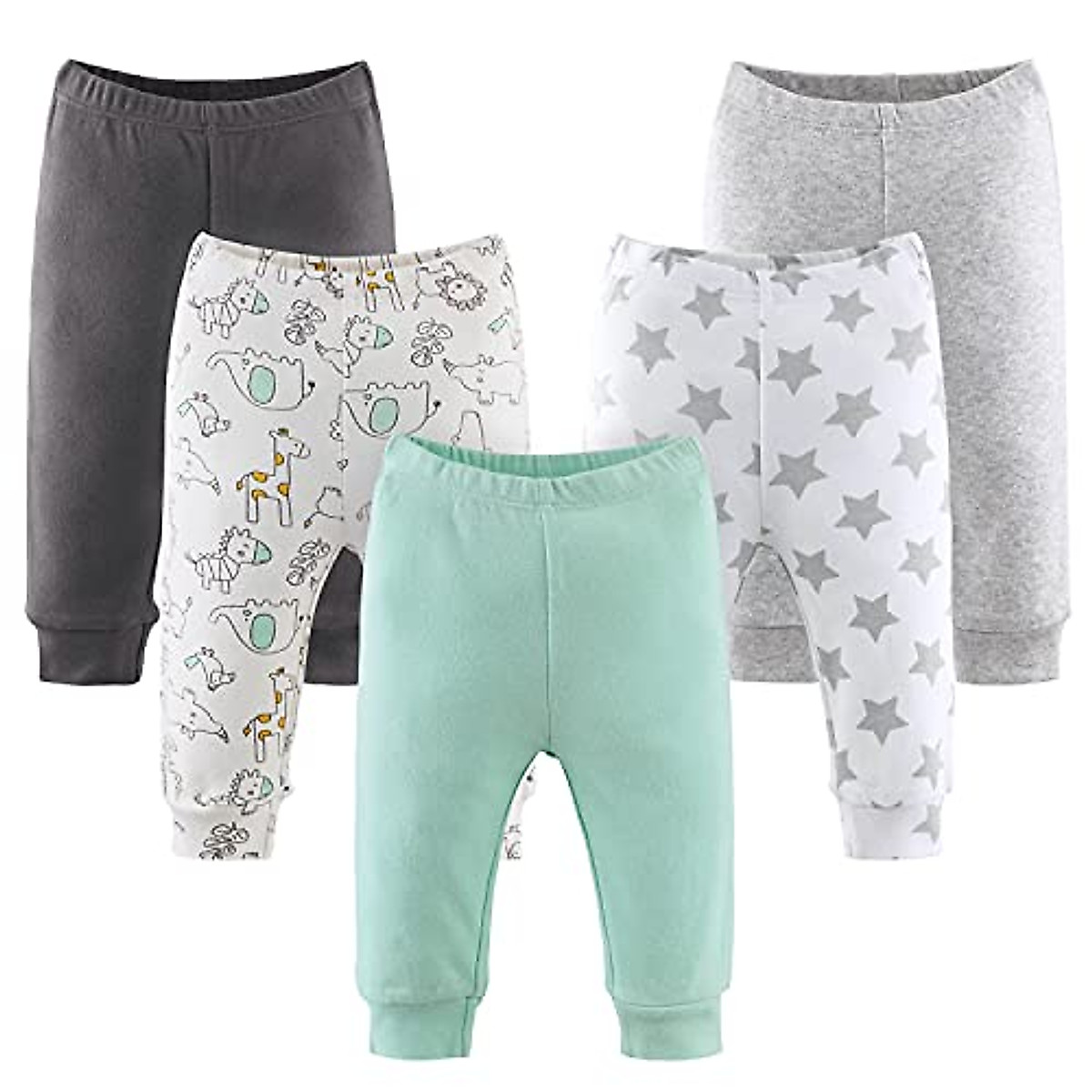 The Peanutshell Baby Pants 5 Pack Set for Boys or Girls | Newborn to 24 Month Sizes | Black, Grey, Light Green, Safari, Stars