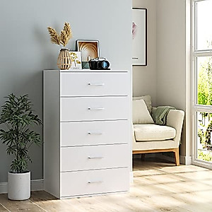 TTVIEW 5 Drawer Dresser Chest, Freestanding Dresser Storage Tower with Metal Handles, White Storage Cabinet for Living Room, Kitchen, Entryway, Closet