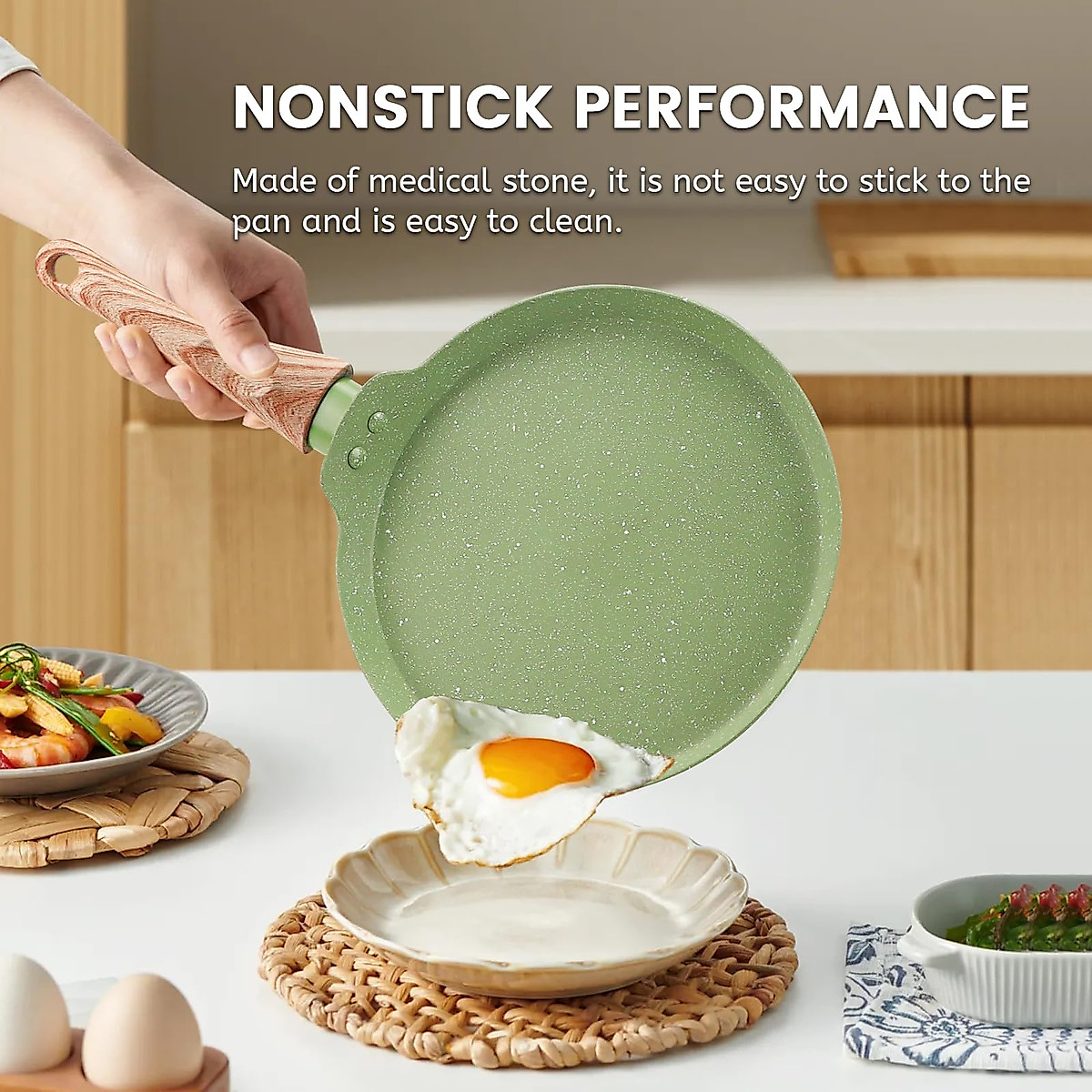 FTNESGYM Egg Pan Frying Pan Set, 7" 8.5" and 10" 3 Pieces Nonstick Crepe Pan Set, Omelet Pans, Flat Pan for Tortillas, Omelette, Pancake, Gas Stove Induction Compatible (Green)