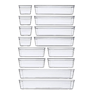 14 PCS Clear Plastic Drawer Organizer Tray for Makeup, Kitchen Utensils, Jewelries and Gadgets