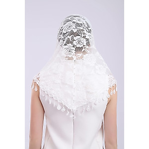 Cilkus Lace veil Mantilla veil Shawl or Scarf Latin Mass Head Cover with Fringed lace (White)