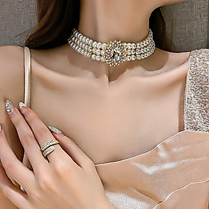 ELABEST Pearl Multi-Row Necklace Sparkly Rhinestone Choker Bling Crystal Layered Chain Dating Birthday Costume Jewelry for Women