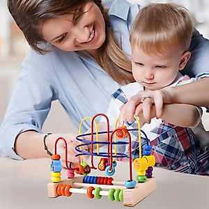 FUN LITTLE TOYS Wooden Baby Beads Maze Toys, Toddlers Roller Coaster Game Cubes, Educational Around Circle Bead Skill Improvement Wood Toy, Sliding Beads On Twists Wire, Boys Girls