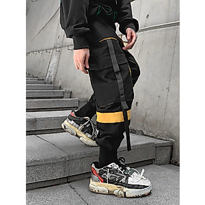 Ambcol Men's Jogger Pants Techwear Hip Hop Harem Pants Streetwear Tactical Track Pants with Drawstring Black-Yellow Medium