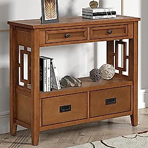 L“KeKe 36 Inch Country Farmhouse Console Table with 4 Drawers and 1 Storage Shelf Pine Wood Suitable for Entryway Entrance Living Room Bedroom Hallway Kitchen (Brown)