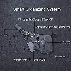 NIID FINO Sling Shoulder Crossbody Bag Classic Chest Bag Slim Backpack Multipurpose Daypack Cycling Walking Hiking Trip Fits Up to 7.9 inch iPad Mini (Gray Right Hand), 7.9".