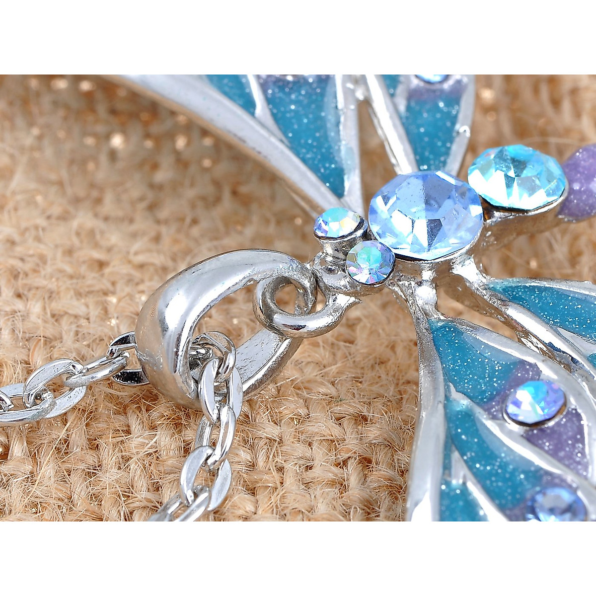 Alilang Womens Blue Purple Glitter Enamel Rhinestone Dragonfly Pendant Necklace Over Silvery Tone